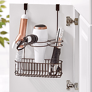 mDesign Steel Over Cabinet Door Hair Care, Hot Styling Tool Organizer Storage Basket for Hair Dryer, Flat Irons, Curling Wands, Straighteners, Space Saving, 3 Sections, Concerto Collection, Bronze