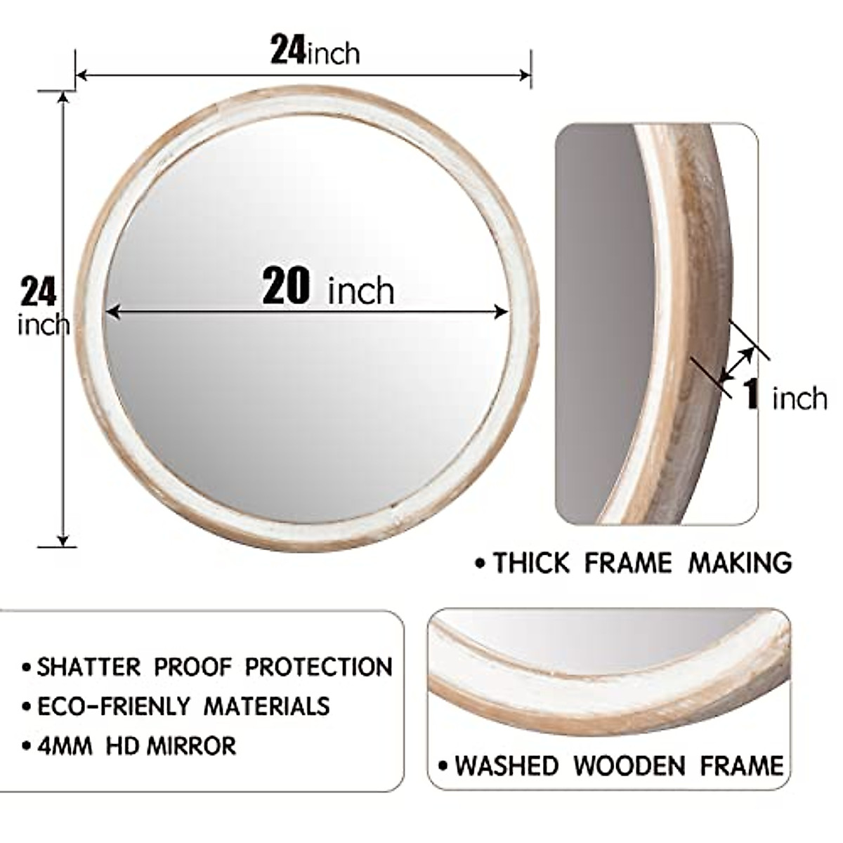 Reflinto Rustic Round Mirror 24", Hanging Wall Decorative Mirror Distressed Natural Wooden Farmhouse Frame with White Wash Edge for Bedroom, Bathroom, Living Room or Entryway