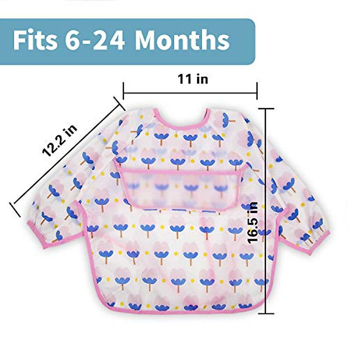 3 Pcs Long Sleeved Bib Set | Baby Waterproof Bibs with Pocket Bundle | Toddler Bib with Sleeves and Crumb Catcher | Stain and Odor Resistance Play Smock Apron - Pack of 3 | 6-24 Months