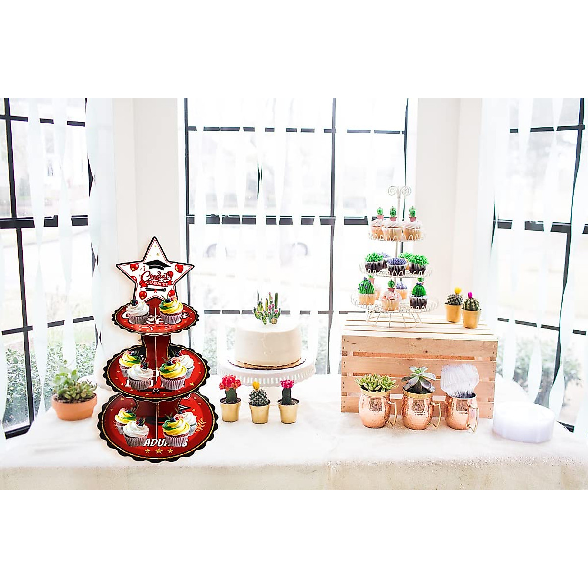 Hying Graduation Cupcake Stands 2024 for Dessert Table Party, 3 Tire Round Cardboard Dessert Stand 2024 Red for Graduation Party Favors Supplies 2024 Cupcake Tower Display Congrats Grad 2024
