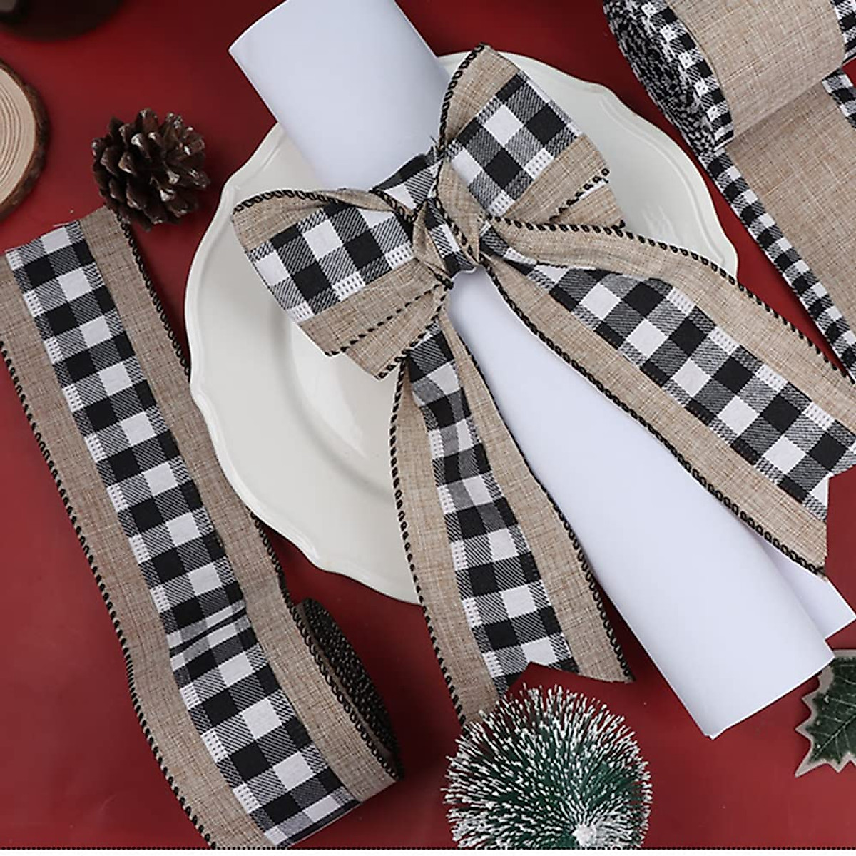 2 Rolls 12 Yards Buffalo Plaid Ribbons Burlap Wired Edge Plaid Ribbons 1.5 Inch Wide Check Gingham Fabric Craft Ribbon for Gift Wrapping DIY Bows Decoration Home Party Decor