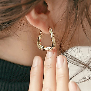 Thick Gold Hoop Earrings for Women,18K Gold Plated Sterling Silver Chunky Hoop Earrings Fashion Geometry Square Earrings Gold Jewelry for Gifts (1-Gold)