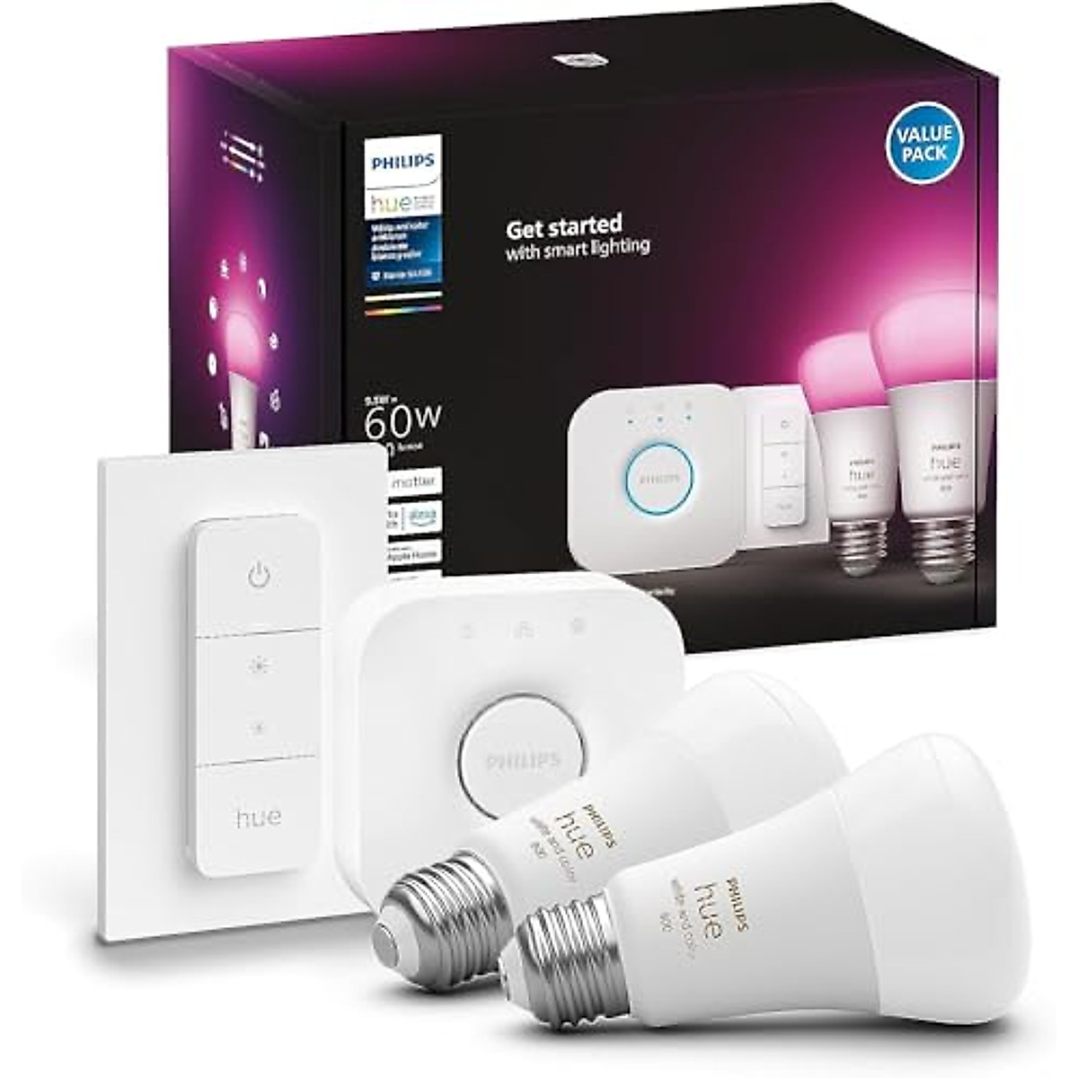 Philips Hue Smart Light Starter Kit - Includes (1) Bridge, (1) Dimmer Switch and (2) A19 LED Bulbs - White and Color Ambiance Color-Changing Light - 800LM - E26 - Control with App or Voice Assistant
