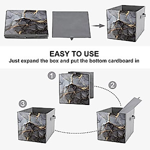 DamTma Luxury Black Marble Collapsible Storage Bins Classic Black White Fabric Storage Cubes with Handles Basket Storage Organizer for Shelves Closet Bedroom Living Room 10.6 in