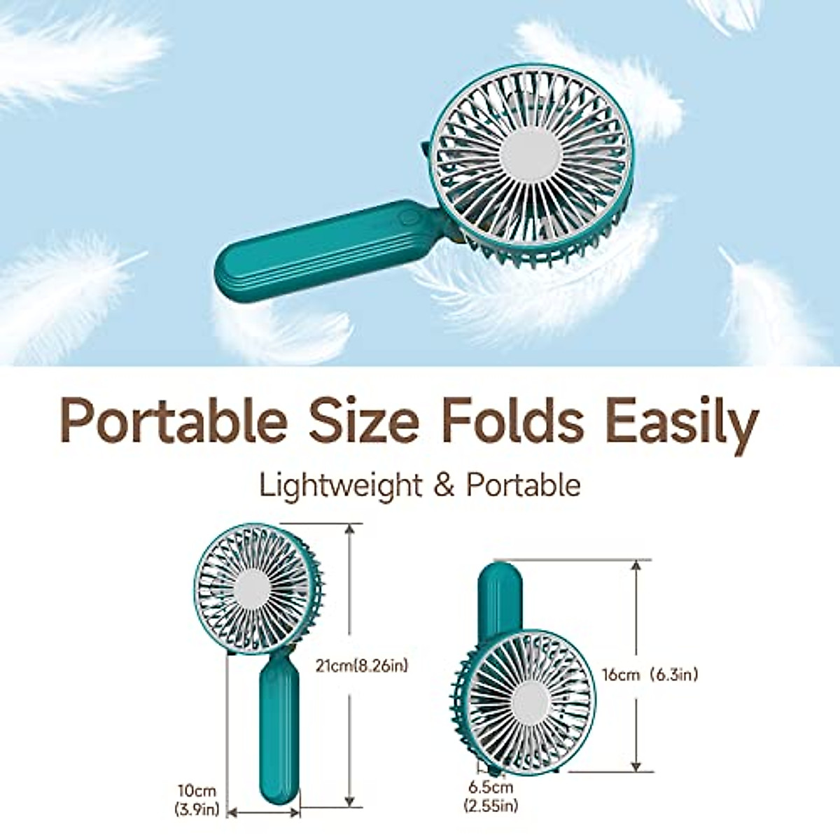 WIXAS Handheld Fan, Mini Portable Foldable Fan, Pocket Battery Rechargeable Hand Fan, for Travelling and Eyelash Fan 2000Ah(Cyan)