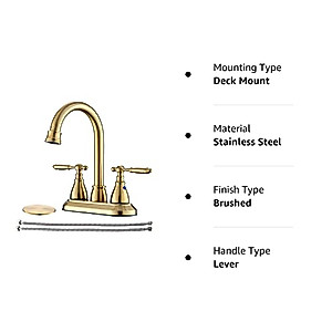Brushed Gold Bathroom Faucet with Pop-up Drain Assembly, 2 Handles Centerset Bathroom Sink Faucet 4 Inch with 360° Swivel Spout, Stainless Steel Faucet for Bathroom Sink with Water Supply Lines