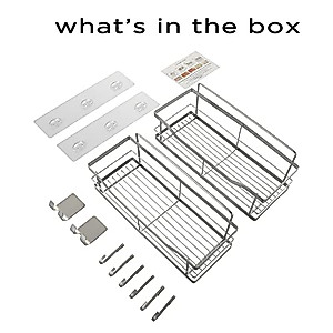 Carwiner Shower Caddy Bathroom Shelf 2-Pack, Basket with 8 Hooks for Hanging Shampoo Conditioner, SUS304 Stainless Steel Rack Wall Mounted Storage Organizer for Kitchen, No Drilling (Silver)