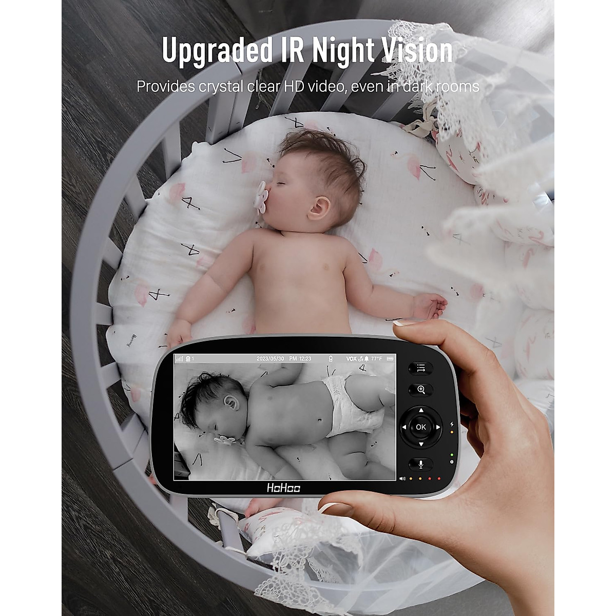 HOHOO Baby Monitor, 5" 720P HD Split Screen, 30 Hours Battery Life Baby Monitor with Camera and Audio|Remote PTZ, Two-Way Audio, Zoom, Night Vision, Lullabies, 960ft Long Range