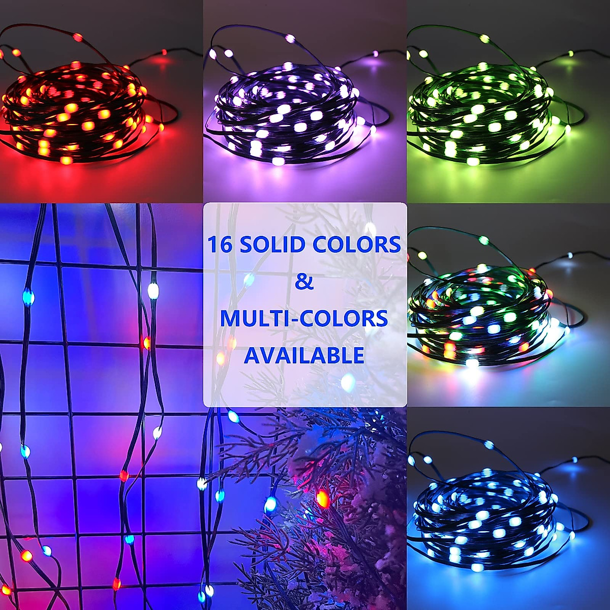 Renoliss USB 66FT 200 LED 16 Colors Changing LED Fairy String Lights with Remote, Red White and Blue Lights with Green Wire & Timer Function for Holiday Decorations, Multicolor & More Solid Colors