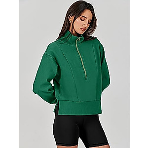 Caracilia Womens Cropped Sweatshirts Quarter Zip Pullover Half Zip Hoodies Long Sleeve Fleece 2023 Fall Casual Ribbed Knit Outfits Sweater Preppy Clothes C105A0-caolv-M Green