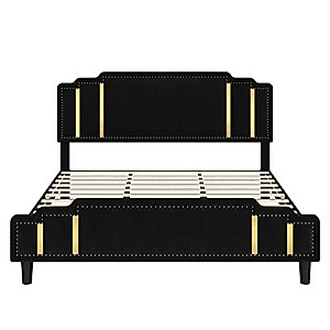 HIFIT Queen Size Modern Velvet Upholstered Bed Frame with Adjustable Headboard, Studded with Golden Iron Slice & Rivets, Platform Bed Frame with No Noise, No Box Spring Needed, Easy Assembly, Black