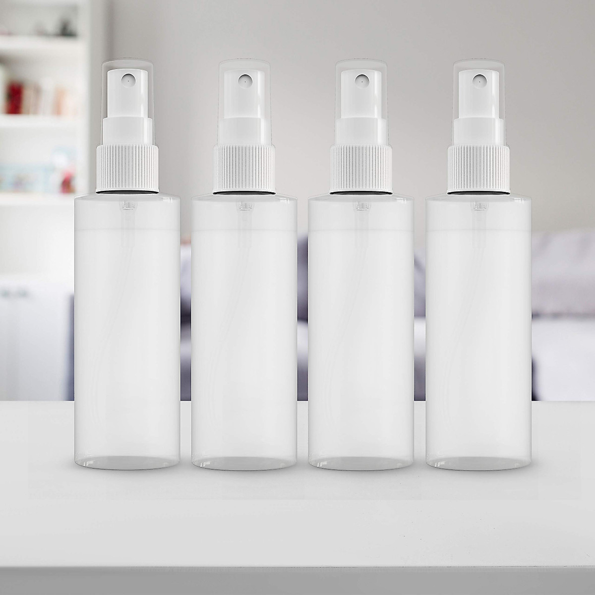 【Made In USA】Plastic Spray Bottle Fine Mist 4 Oz (120ml) – Refillable, Reusable, Portable Sprayer, Travel Size, Leak Proof for Household Use, Essential Oil, Cleaning Solution and Perfume (4 Pack)