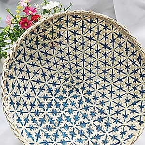 Coralpearl Bamboo Woven Food Dome Lid Cover to Keep out Flies Bugs and Table Serving Tray Storage Plate Platter with Handles for Picnic Party Bread Cake Pizza Dry Fruit Dessert Indoor Outdoor (Blue)