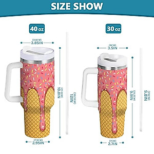 Pink Glaze Sprinkles Waffle Tumbler with Handle and Straw Lid, 40 oz Insulated Coffee Cup Stainless Steel Water Bottle Travel Mug Cupholder Friendly,Gifts for Women Men