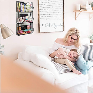 3-Tier Wall Mounted Storage Basket Foldable Organizer, Hanging Metal Wire Basket with Chalkboards, Kitchen Fruit Produce Pantry Bathroom Laundry Organization Office Garage Storage, Black