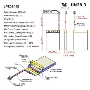 EEMB 4PACK Lithium Polymer Battery 3.7V 1100mAh 603449 Lipo Rechargeable Battery Pack with Wire JST Connector for Speaker and Wireless Device- Confirm Device & Connector Polarity Before Purchase