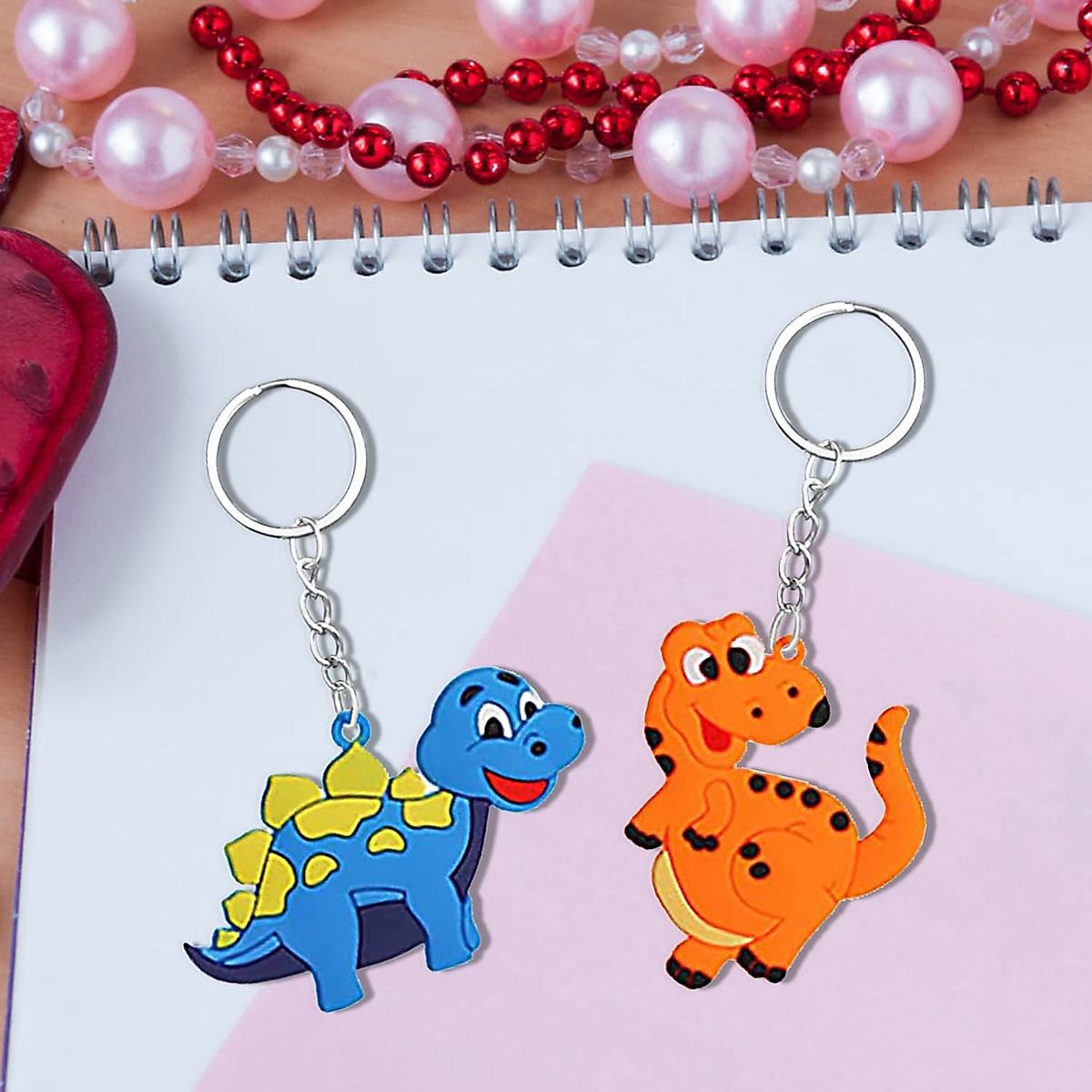 Ynaize 12Pcs Cute Dinosaur Keyring Keychain Pendant for Kids Party Bag Filler Backpack Decor Hanging Ornament Dinosaur Party Supplies Favors Christmas Gifts
