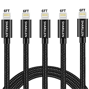 sharllen iPhone Cable MFi Certified Lightning Charger 5Pack 6FT Nylon Braided iPhone Charging Cord Fast W 6Feet USB 6Foot iPhone Data Wire Compatible iPhone12/11 Pro/XS/XR/X/8/7/6/iPad/iPod/IOS Black