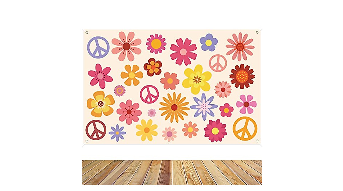 Hippie Groovy Backdrop Banner for 60s 70s Party | Boho Flower Peace Theme