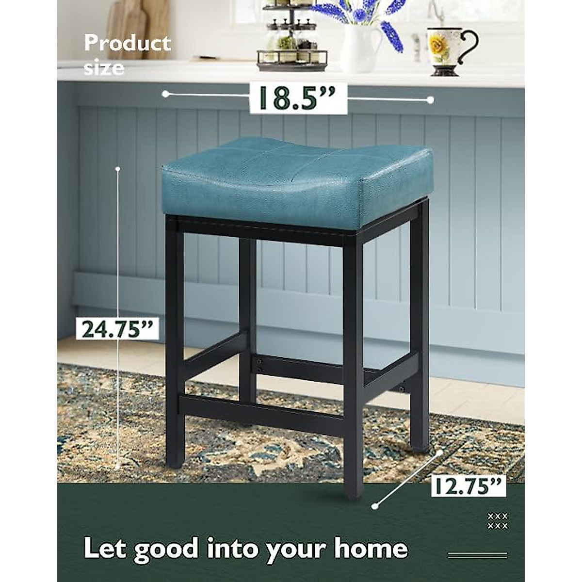 KATDANS Bar Stools Set of 2, 24" Counter Height Saddle Bar Stools, Upholstered PU Leather Bar Stools for Kitchen Island, Mid Century Modern Backless Barstools with Metal Base, KS861P-Teal, 2Pcs