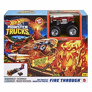 Hot Wheels Monster Trucks Fire Through Playset with 1:64 Scale Die-Cast 5-Alarm Toy Truck, Launcher & Spinning Flames