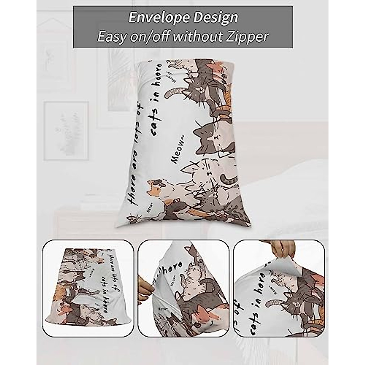 Edwiinsa Funny Cute Cat Pillow Covers King Standard Set of 2 20x36 Bed Pillow, Farmhouse Animals White Plush Soft Comfort for Hair/Skin Cooling Pillowcases with Envelop Closure