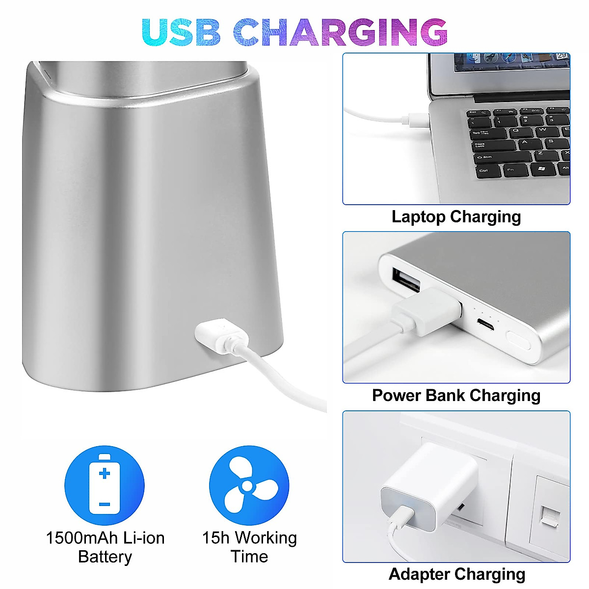 chemotex Fly Fan for Tables Rechargeable Fly Fans for Food Keeps Flies Away Fly Repellent Fans for Outdoor Table Top Bug Repellent Fan with Holographic Blades for Picnic (Silver, 3Packs)