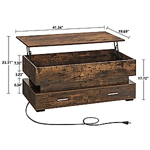 WEENFON LED Coffee Table, Smart Coffee Table with Charging Station, Lift Top, 21 Colors Change, 2 Tiers Modern Tea Table with Storage, Living Room Furniture, Rectangle Design, Rustic Brown