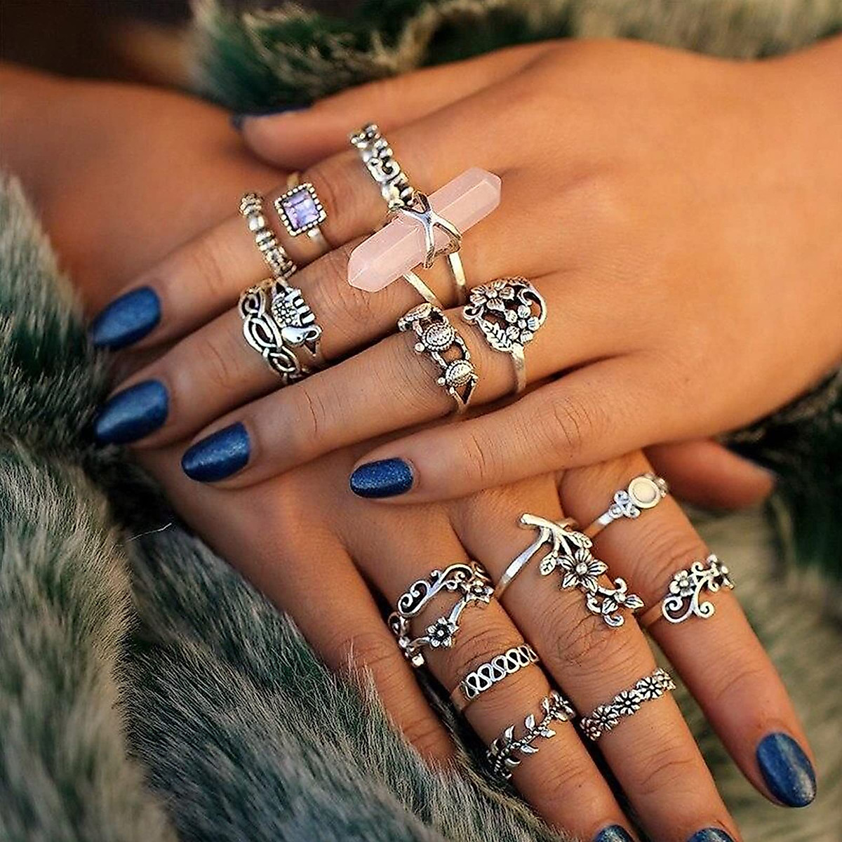 17 MILE 82 Pcs Vintage Silver Knuckle Rings Set for Women, Bohemian Stackable Joint Finger Rings, Retro Stone Crystal Stacking Midi Rings Pack (Silver)