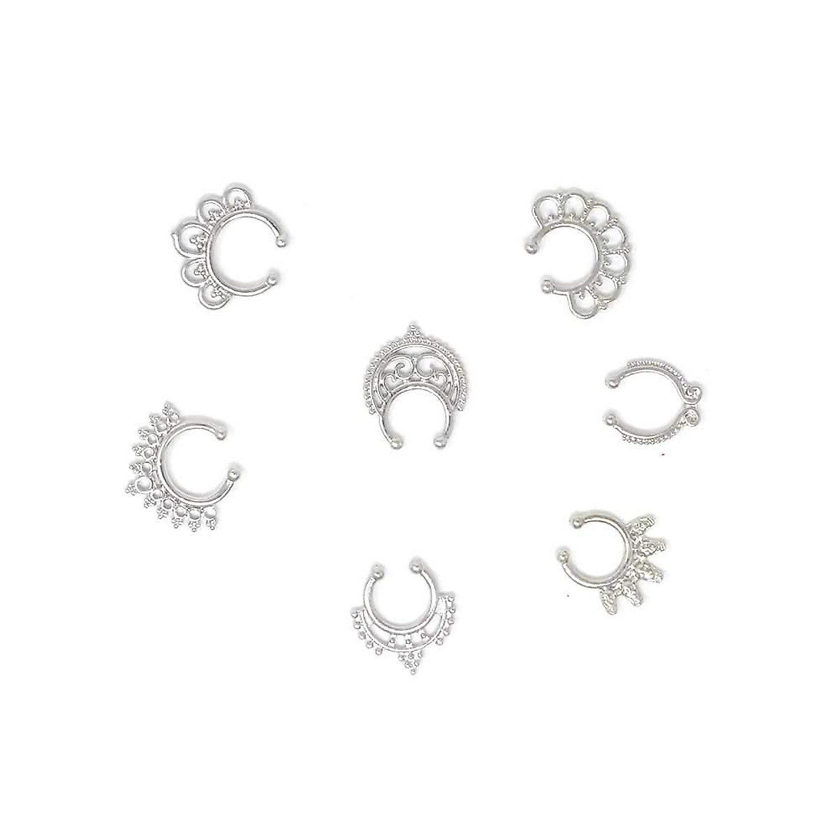 Honbay 7pcs Mix Style Silver Fake Septum Clicker Nose Ring Non Piercing Hanger Clip Body Jewelry