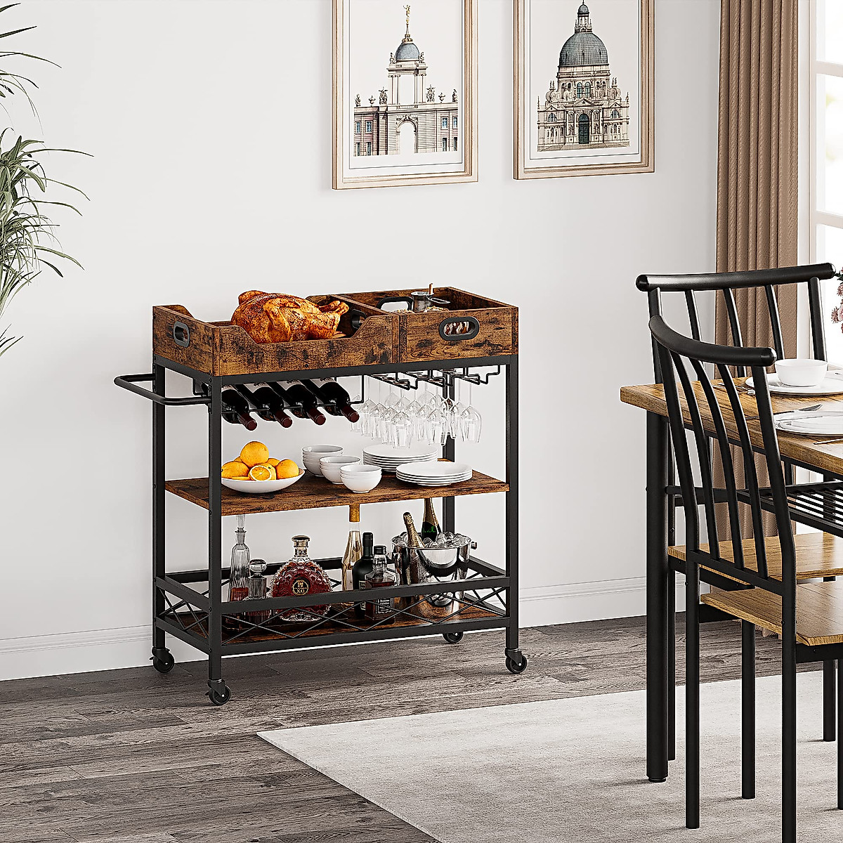 IDEALHOUSE 3 Tier Bar Carts for The Home, Rustic Brown Bar Cart with Wheels, Two Portable Trays, Wine Rack, Glasses Holder, Industrial Serving Cart for Kichen, Living Room, Dining Room