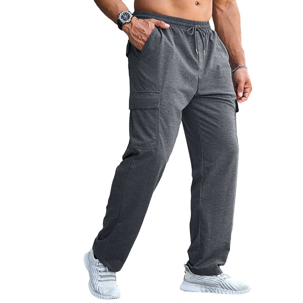 CTU Mens Fashion Baggy Sweatpants Lightweight Workout Cargo Sweatpants Athletic Pants Open Bottom Joggers with Pockets Darkgrey