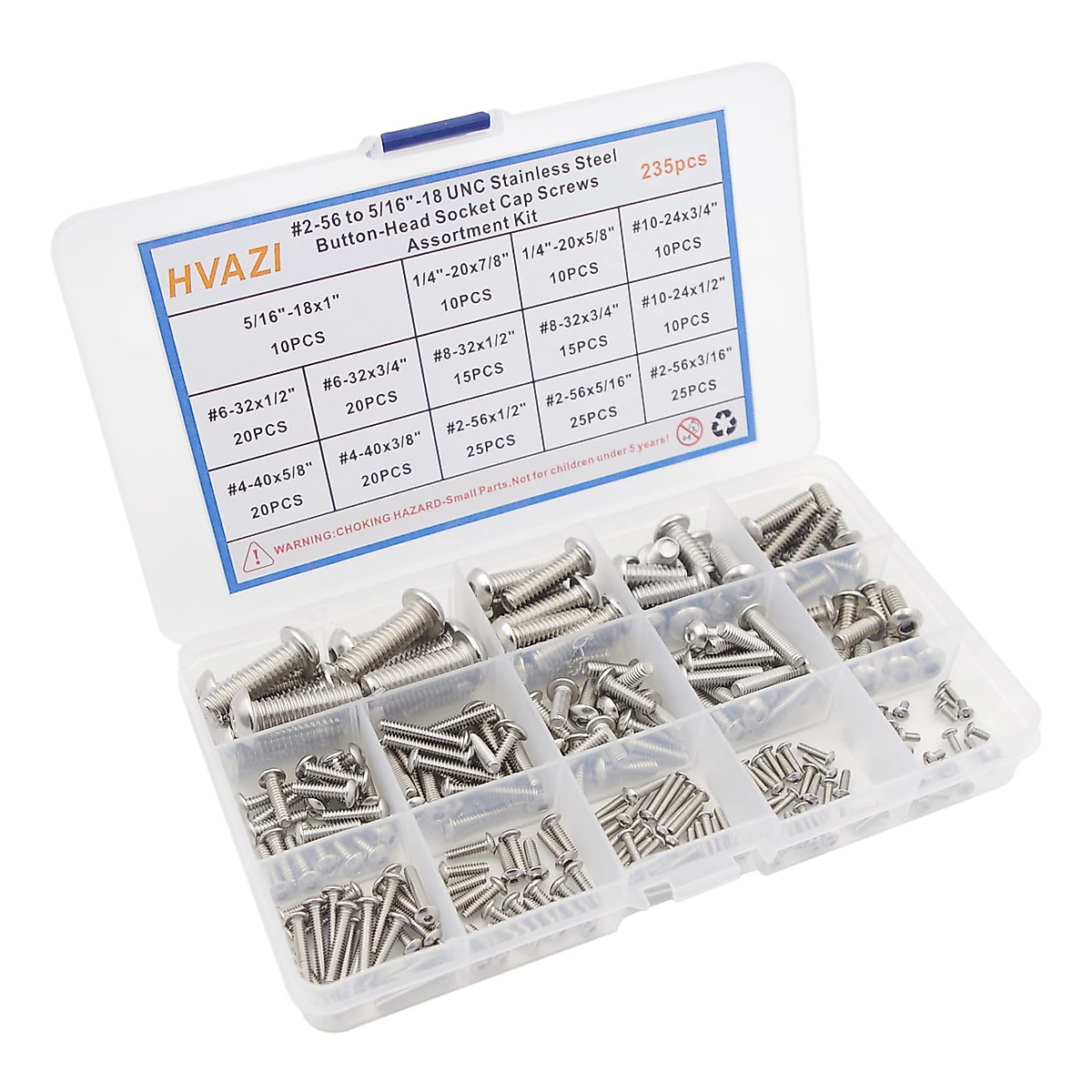 HVAZI #2-56 to 5/16"-18 UNC Stainless Steel Button-Head Socket Cap Screws Assortment Kit
