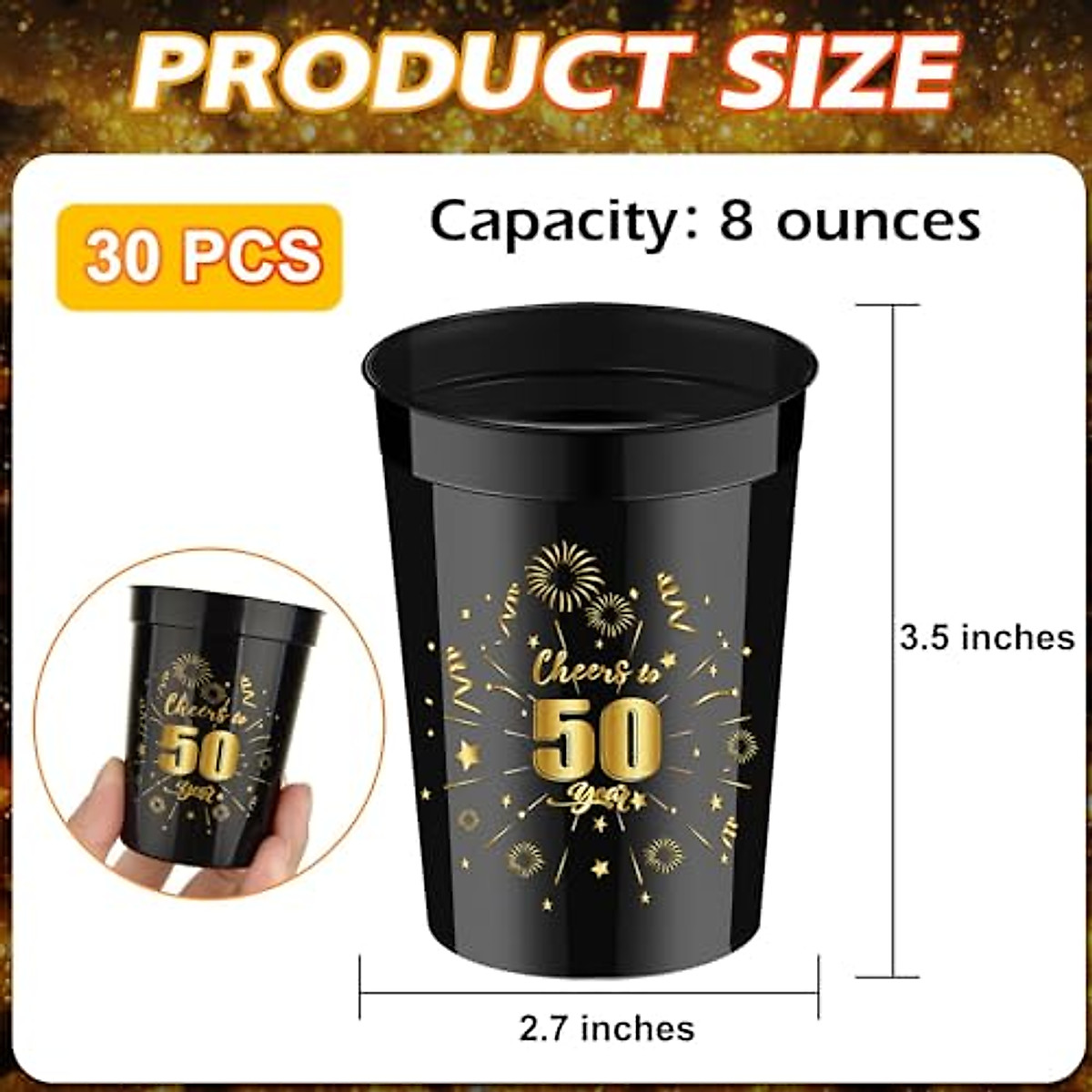 Mototo 30 Pieces 50th Small Birthday Cups 8 oz Cheer to 50 Years Plastic Cups Plastic Birthday Stadium Cups Black and Gold Plastic Cups for Birthday Party Favors Anniversary Wedding Party Supplies