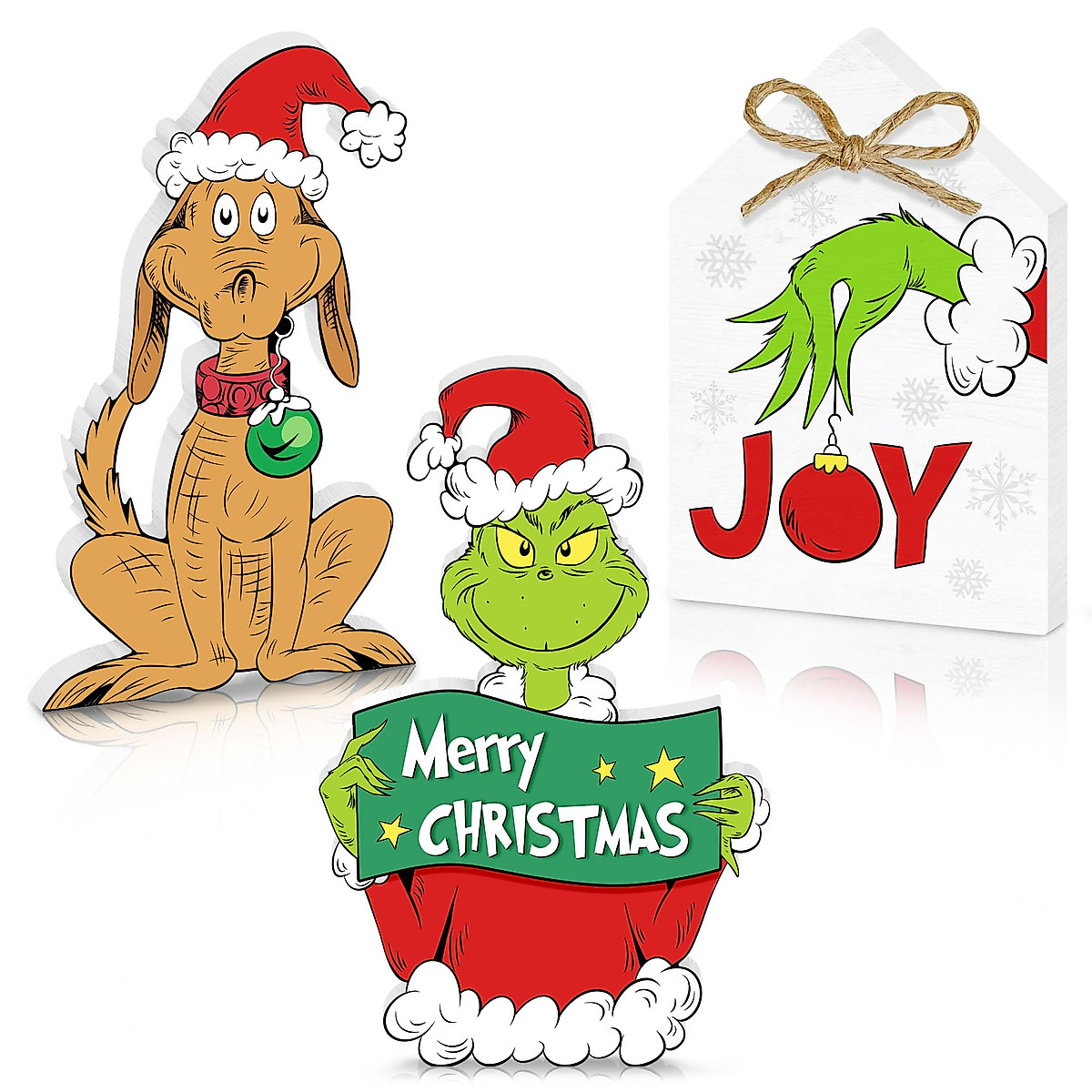 3pcs Christmas Wooden Table Signs, Funny Dog Centerpieces Christmas Tiered Tray Decorations Set for Xmas Holiday Winter Parties Indoor Home JOY Table Top Sign Decor