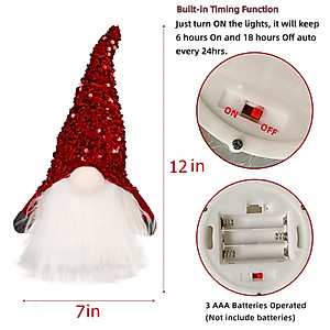 Juegoal 12" Lighted Christmas Gnome, Handmade Sequins Hat Scandinavian Swedish Tomte, Light Up Plush Elf Toy Holiday Present, Battery Operated Winter Tabletop Christmas Decorations, 2 Set