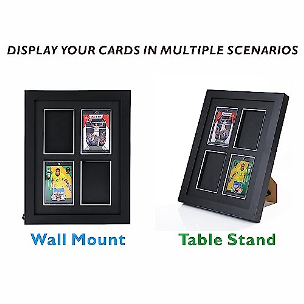 ZzHobbiEs 4 Grids Trading Cards Display Frame, Solid Wood Frame with 4 Pieces Magnetic Card Holder Wall Mount Or Table Stand Display for Football Basketball Collector Cards(Standard Cards, 4Grids)