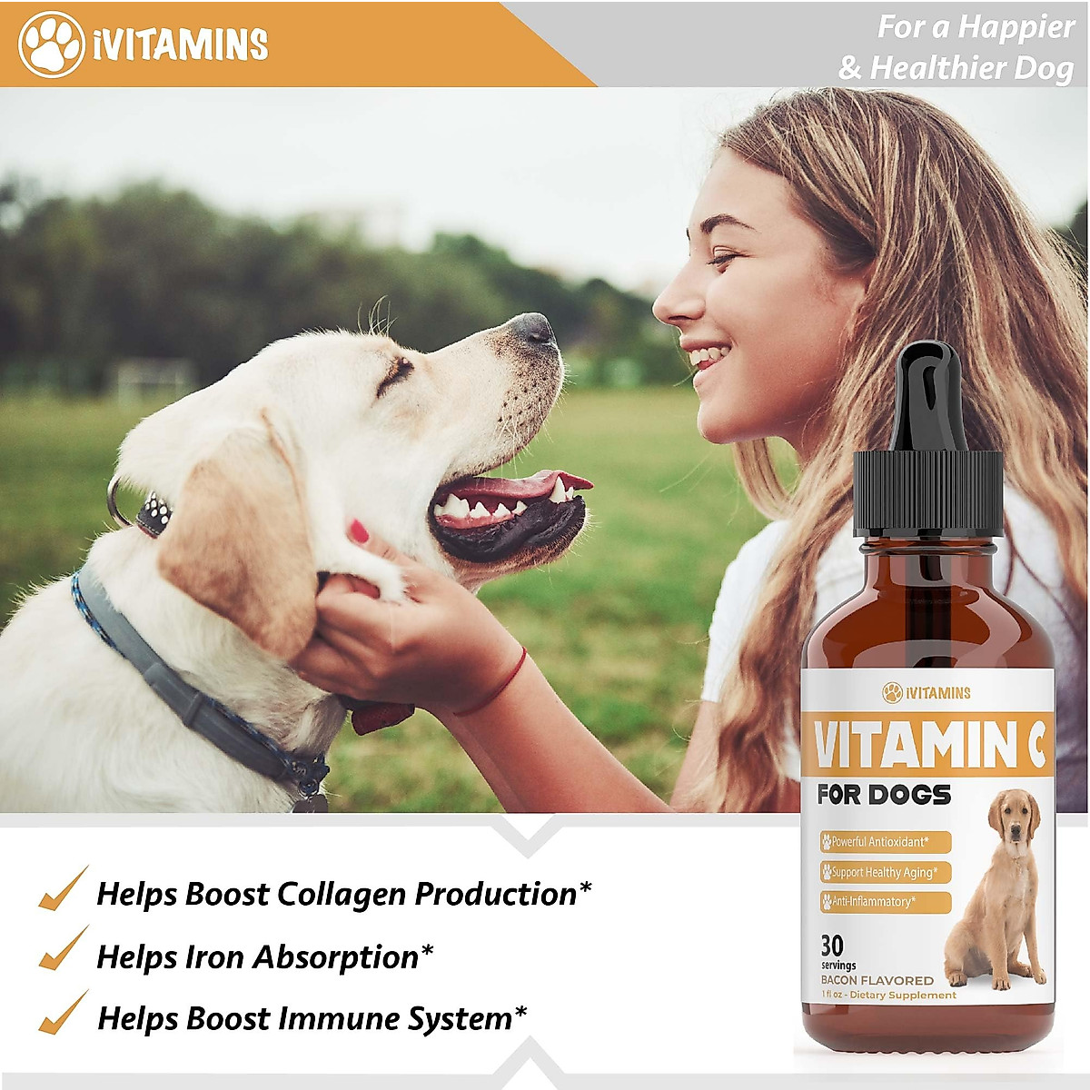 Vitamin C for Dogs | Helps with Improving Immune Health | Vitamin C for Dogs Liquid | Dog Immune Support | Dog Immune and Allergy Supplement | Dog Immune Booster | 1 oz Bacon Flavor