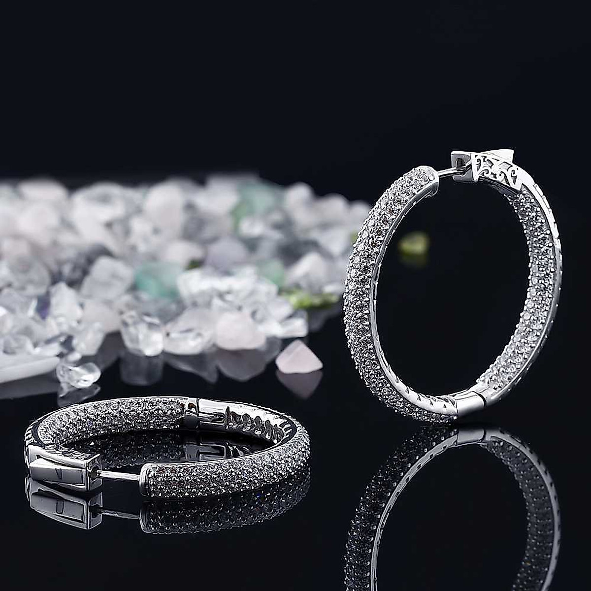 Gem Stone King 925 Sterling Silver 3 Row Pave Inside-Out Cubic Zirconia CZ Hoop Earrings For Women (2.00 Cttw, 1.5 Inch = 35X35MM)