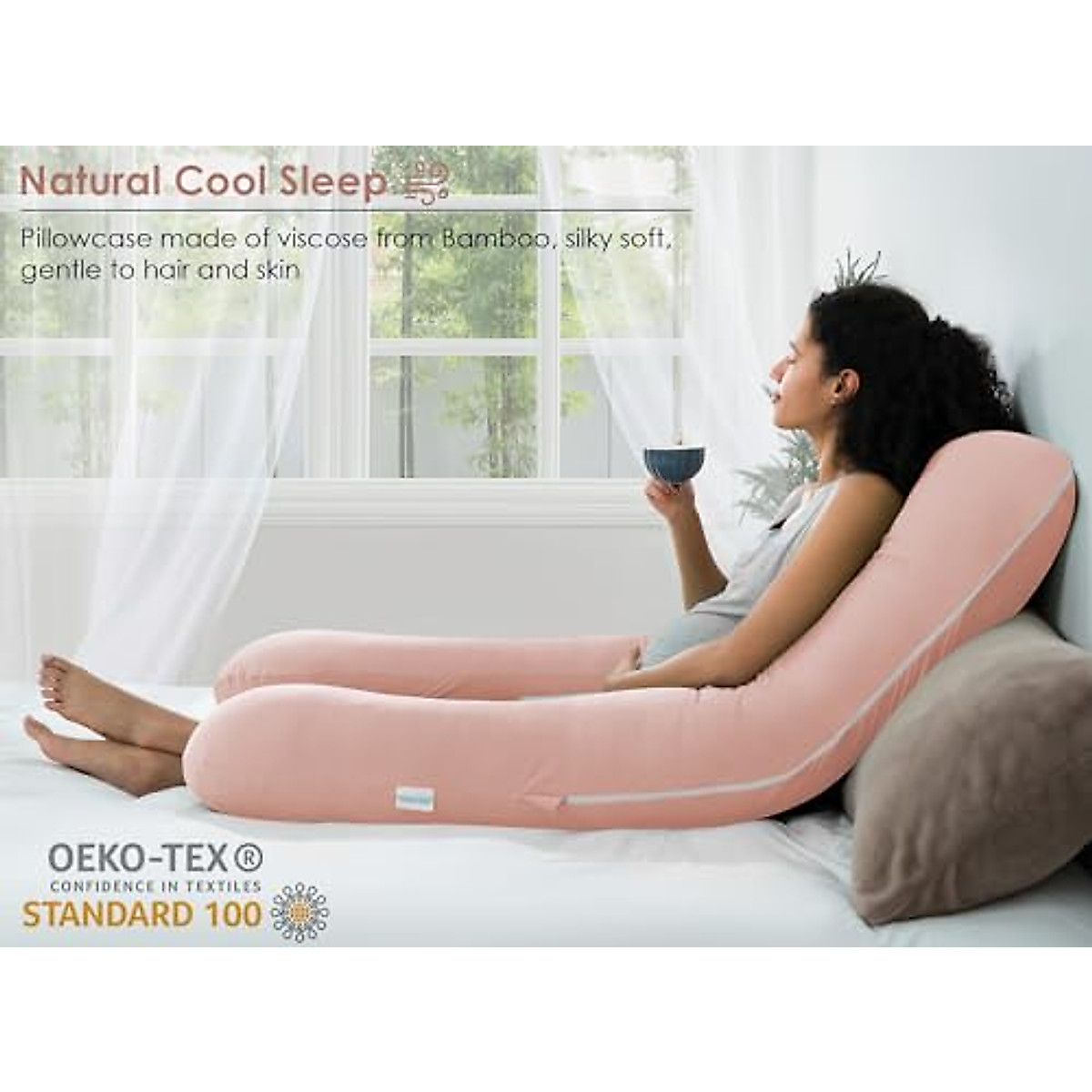 QUEEN ROSE Cooling Pregnancy Pillows, U Shaped Full Body Maternity Pillow for Pregnant Support, Rayon Derived from Bamboo, Buttery Soft, Super Breathable for Hot Sleeper, Peach