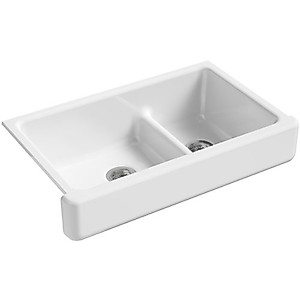 KOHLER K-6426-0 Whitehaven Farmhouse Smart Divide Self-Trimming Undermount Apron Front Double-Bowl Kitchen Sink with Short Apron, 35-1/2-Inch X 21-9/16-Inch X 9-5/8-Inch, White