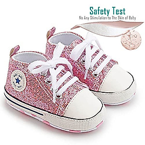 Newborn Baby Girls Boys Canvas Shoes Infant Soft Sole Slip On First Walkers Sneaker Toddler Flat Lazy Loafers High Top Crib Denim Unisex Moccasins Shoe (B/Lightpurple, 0-6 Months)