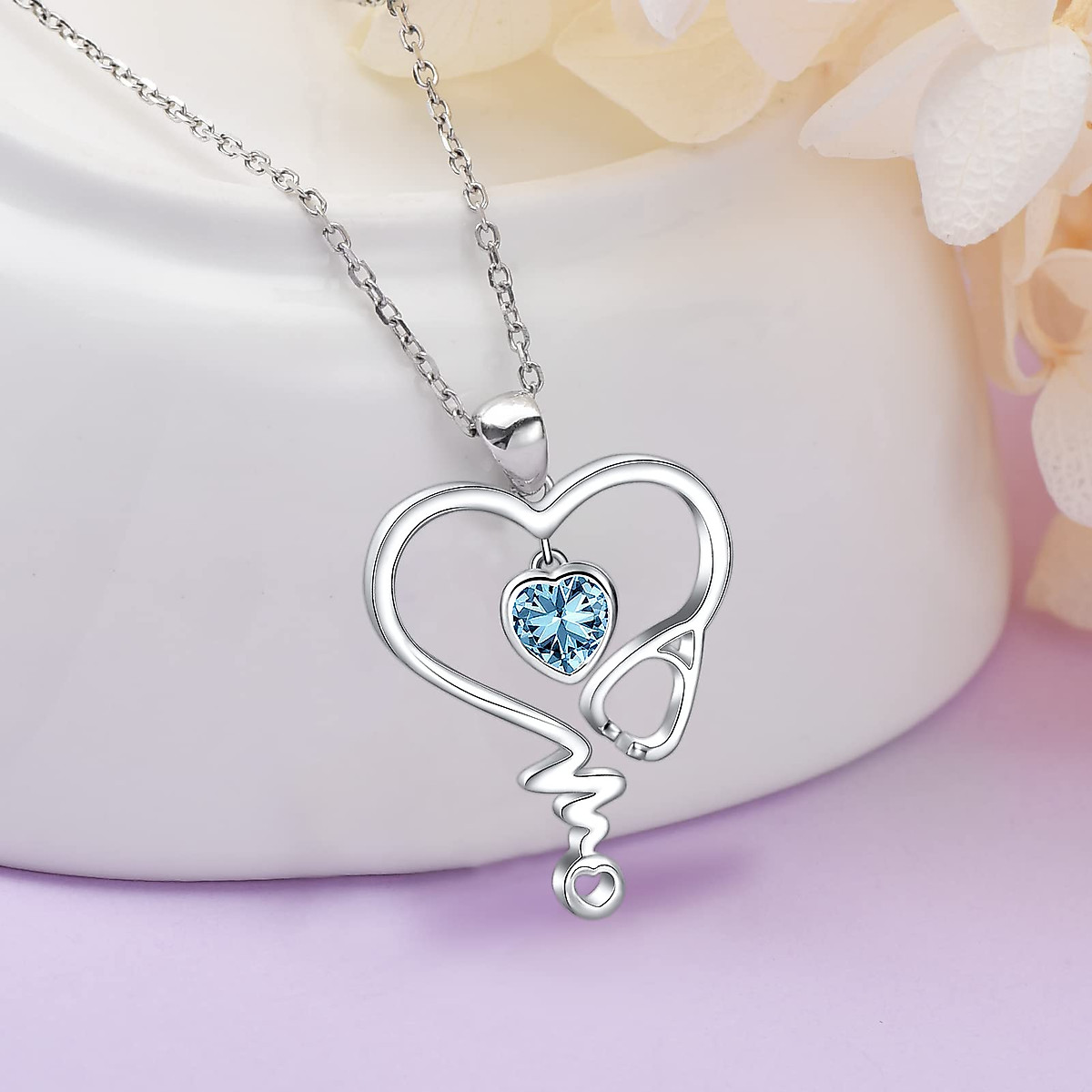CHOKER Nurse Necklace for Women 925 Sterling Silver Stethoscope Heartbeat Necklace Jewelry Gifts for Nurse Graduation Medical Student Doctor-March Birthstone