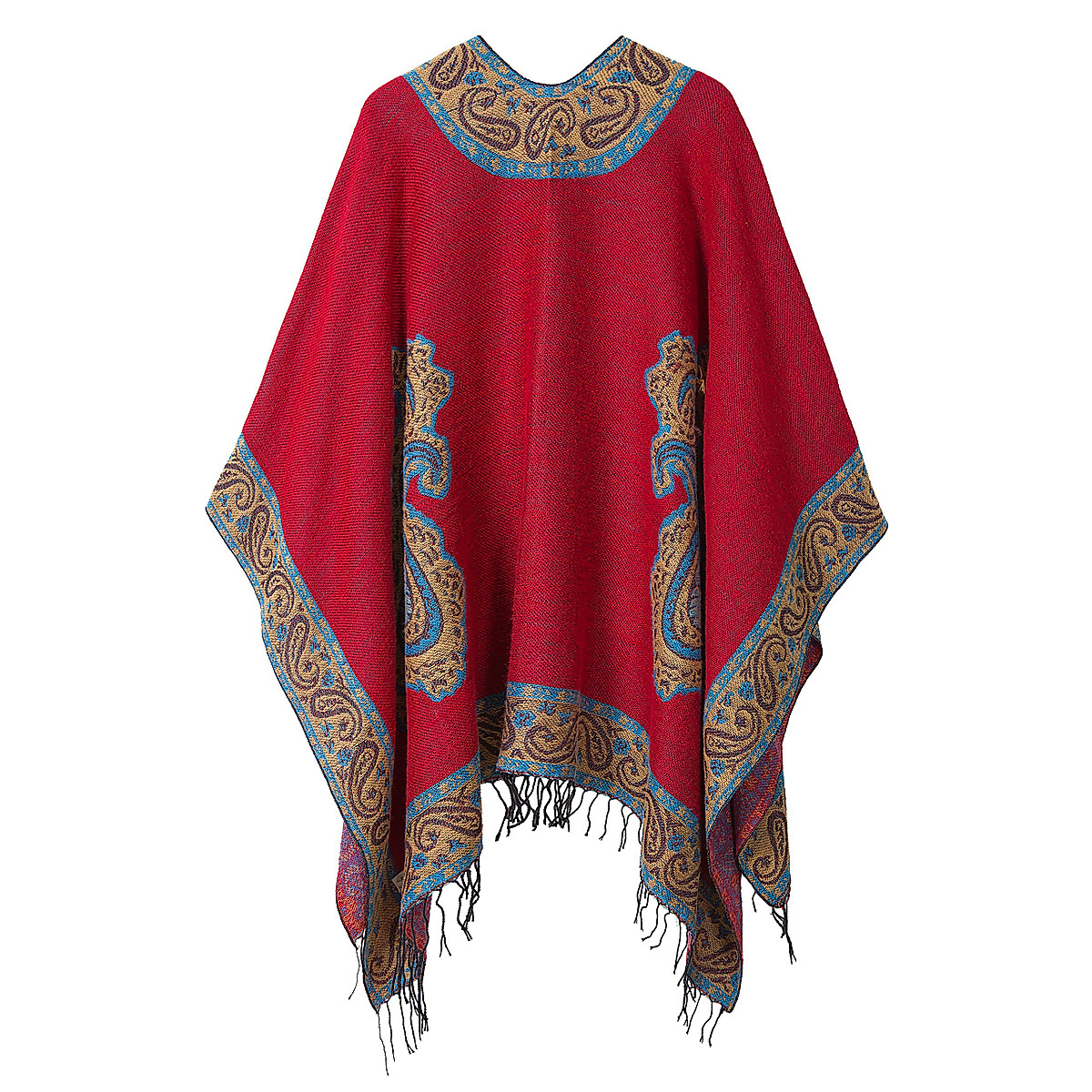 Urban CoCo Women's Printed Tassel Open front Poncho Cape Cardigan Wrap Shawl (Red)