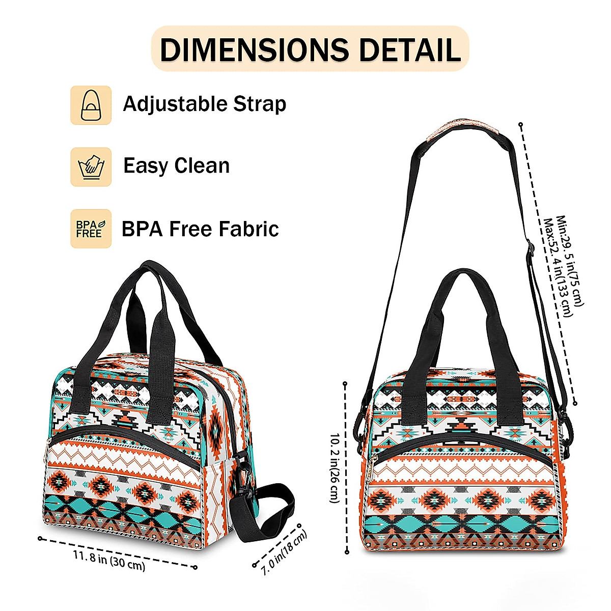 Bardic Aztec Geometric Lunch Bag, Oxford Material, Leakproof and Insulated, 11.8L x 7W x 10.2H