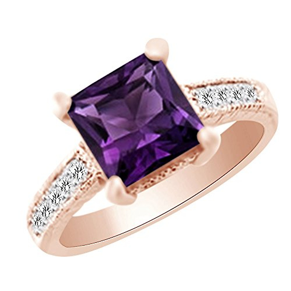 AFFY 3.2 cttw Simulated Amethyst & White Natural Diamond Vintage Style Engagement Wedding Ring in 14k Rose Gold with Ring Size 5.5