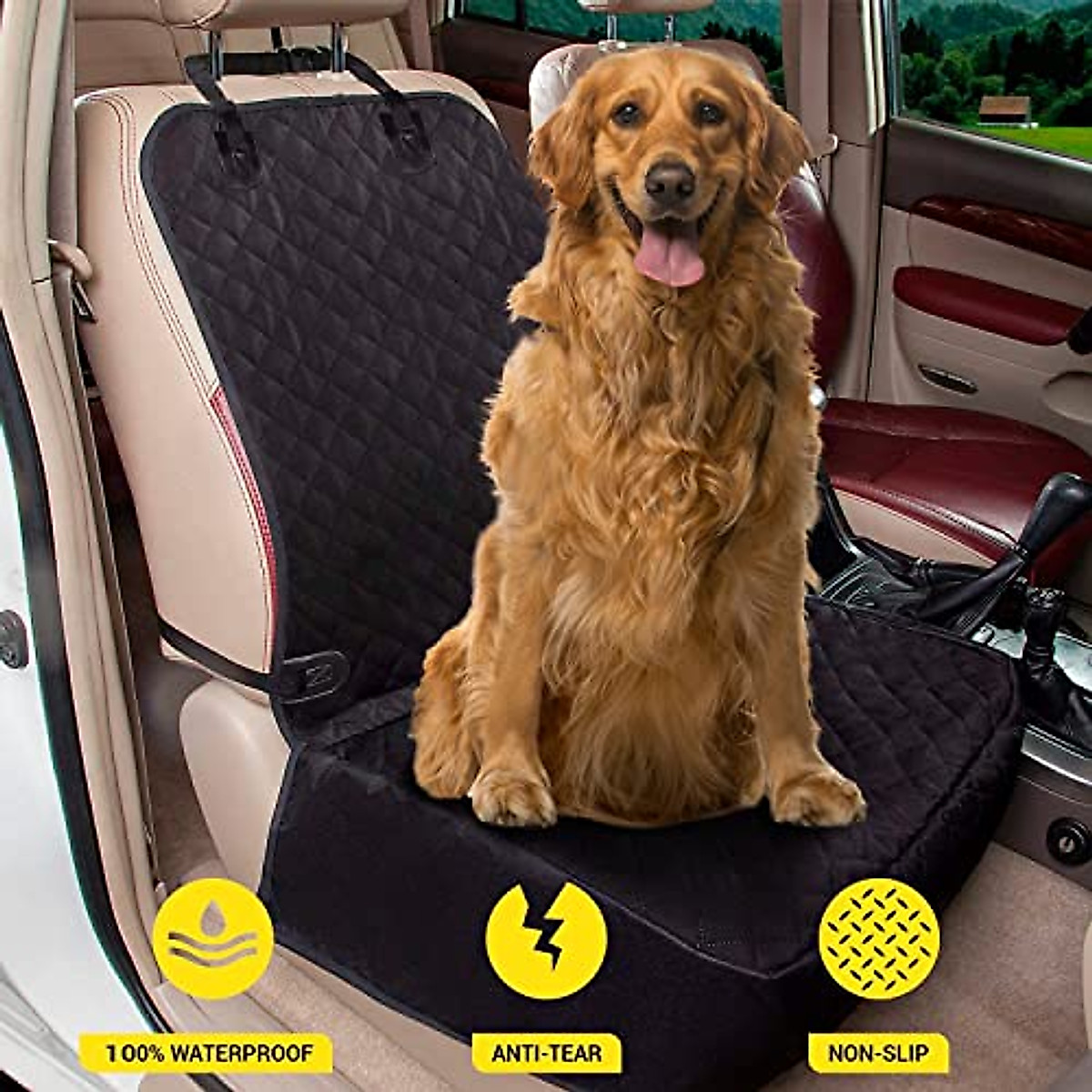 5 STARS UNITED Front Seat Dog Cover for Car - Durable Black Waterproof Protector Against Dirt, Mud & Fur - Scratch Proof Non-Slip Padded Quilted Front Seat Covers for Dog for Cars, Trucks & SUV