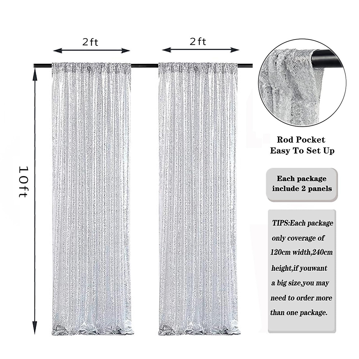 SweetEasy 2packs 2ftx10ft Sequin Glitter Photography Backdrop Curtain Panels Wedding Backdrop for Baby Shower Birthday Home Party Event Festival Restaurant Reception Arch Decoration (Silver)