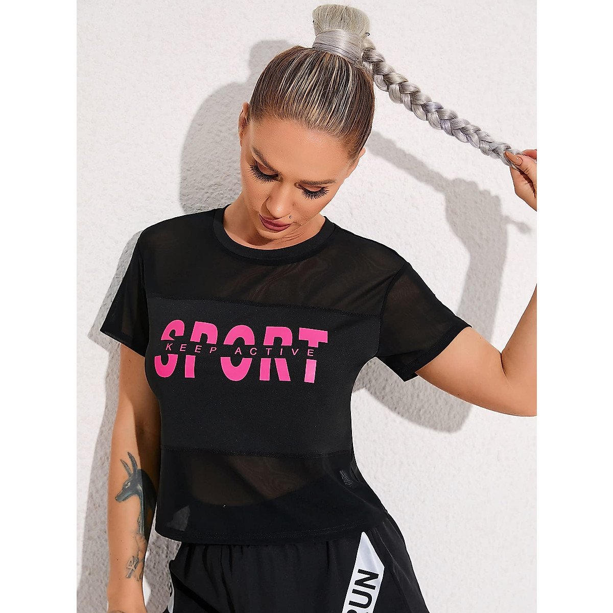 MakeMeChic Women's Workout Athletic Shirts Letter Graphic Mesh Insert Short Sleeve Crew Neck Stretch Sports Crop Tops Black M