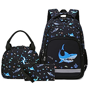 Kouxunt School Backpacks Set for Girls Boys Teens, Kids Elementary Middle School Bag Bookbag with Insulated Lunch Bag Pencil Case (Shark)